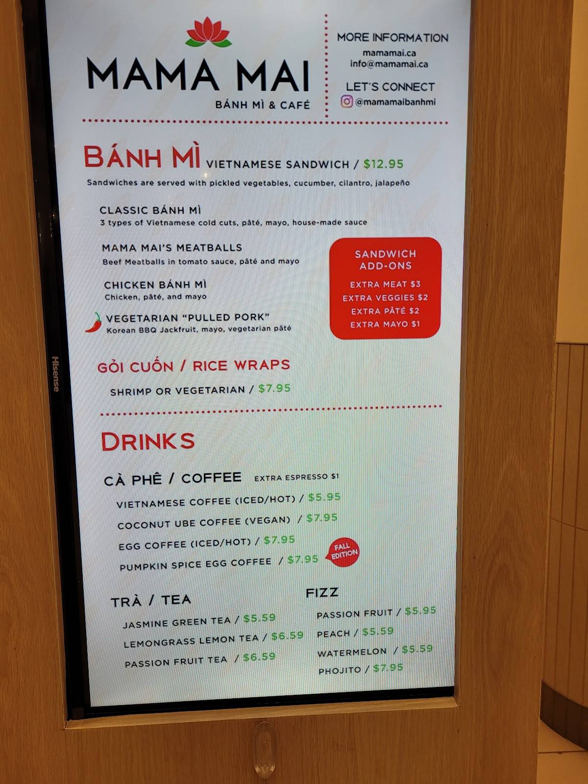 Menu at Mama Mai Banh Mi restaurant, Ottawa