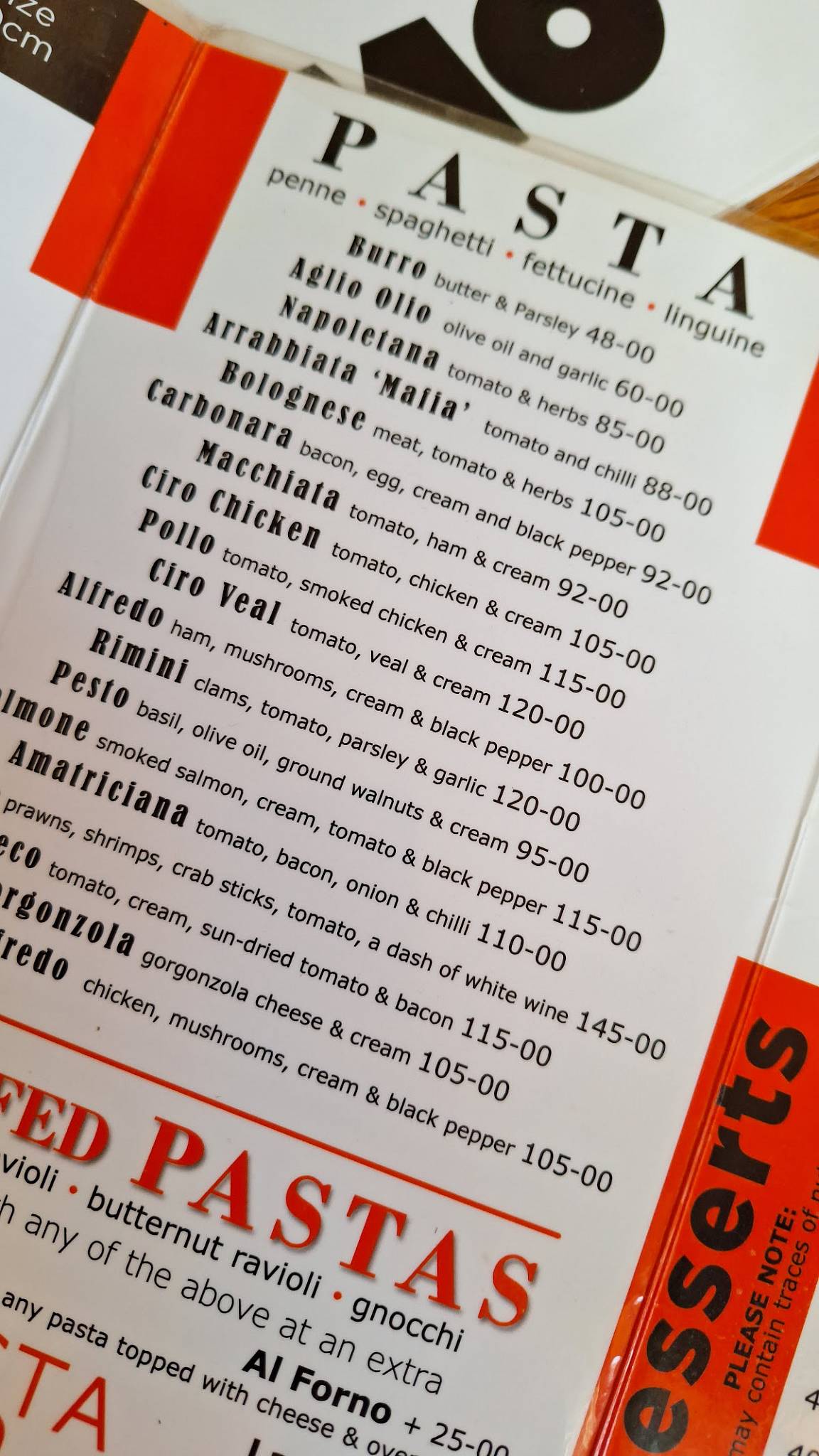 Menu at Ottimo restaurant, Johannesburg