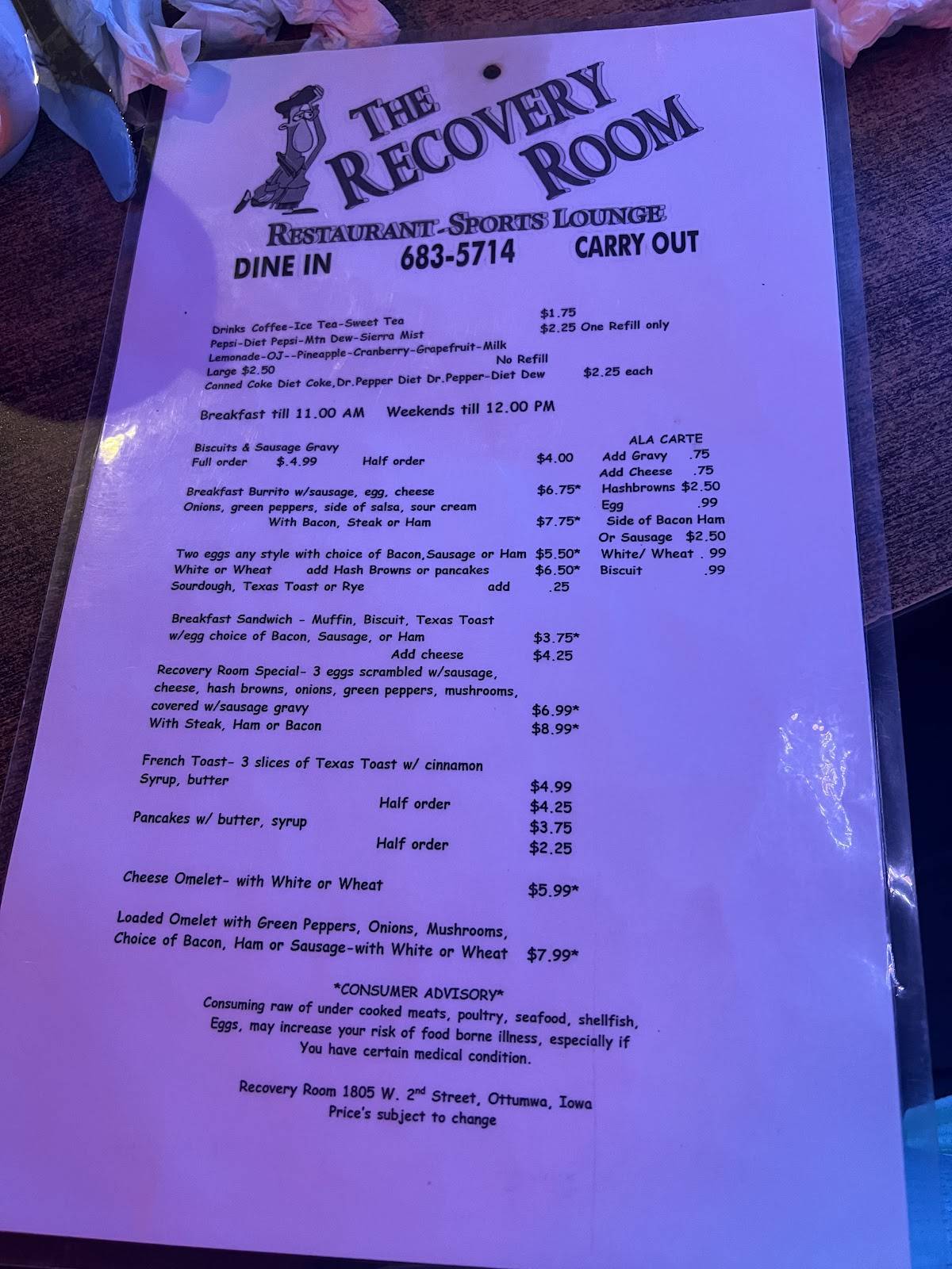 Menu at Recovery Room pub & bar, Ottumwa