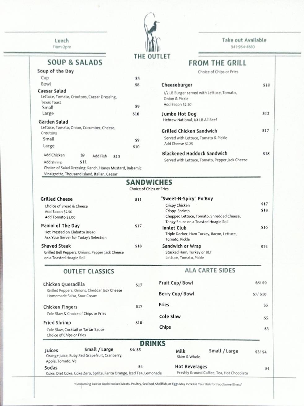 Menu at Outlet Restaurant, Boca Grande