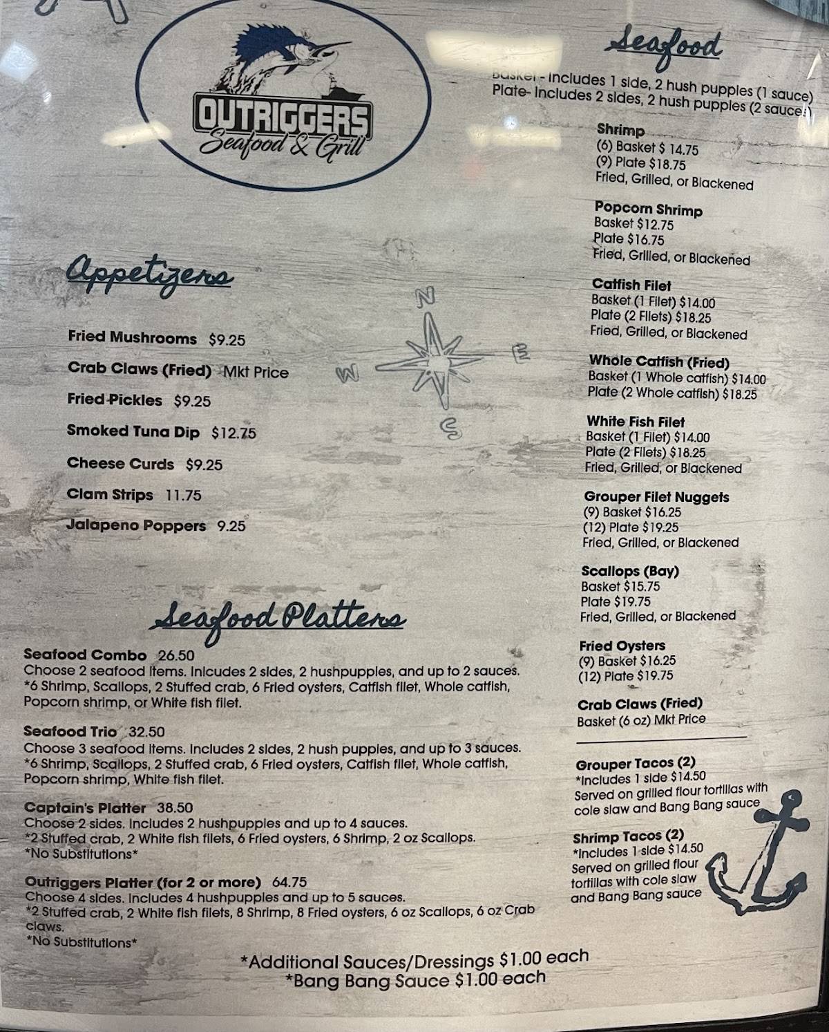 Menu at Outrigger's Seafood and Grill restaurant, Chipley