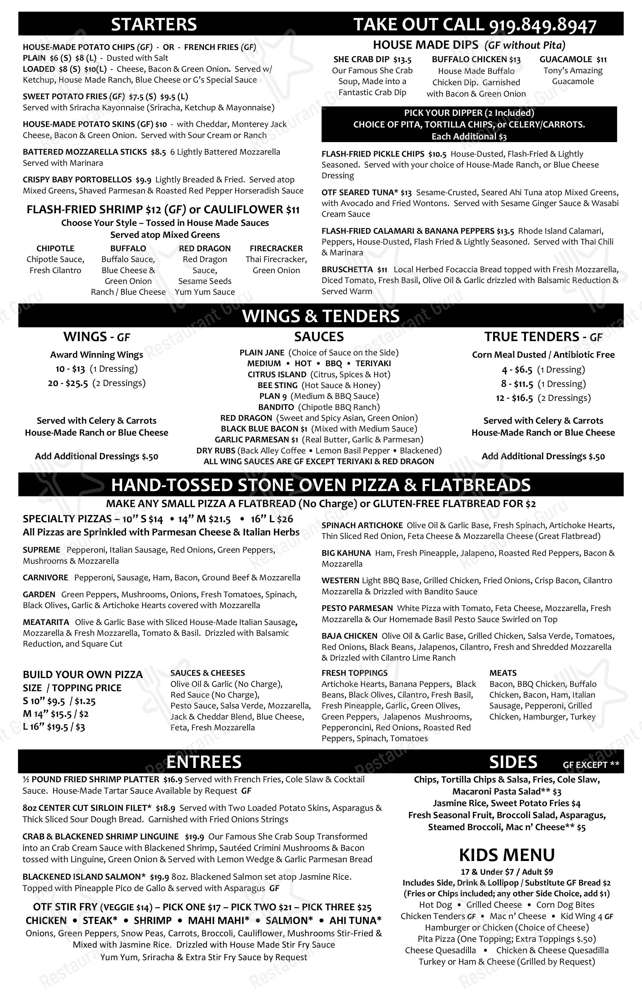 Menu at Over the Falls restaurant, Wake Forest, 419 Brooks St