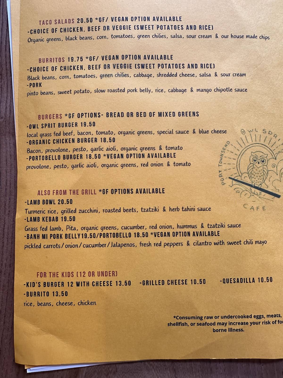 Menu at Owl Sprit Cafe, Port Townsend