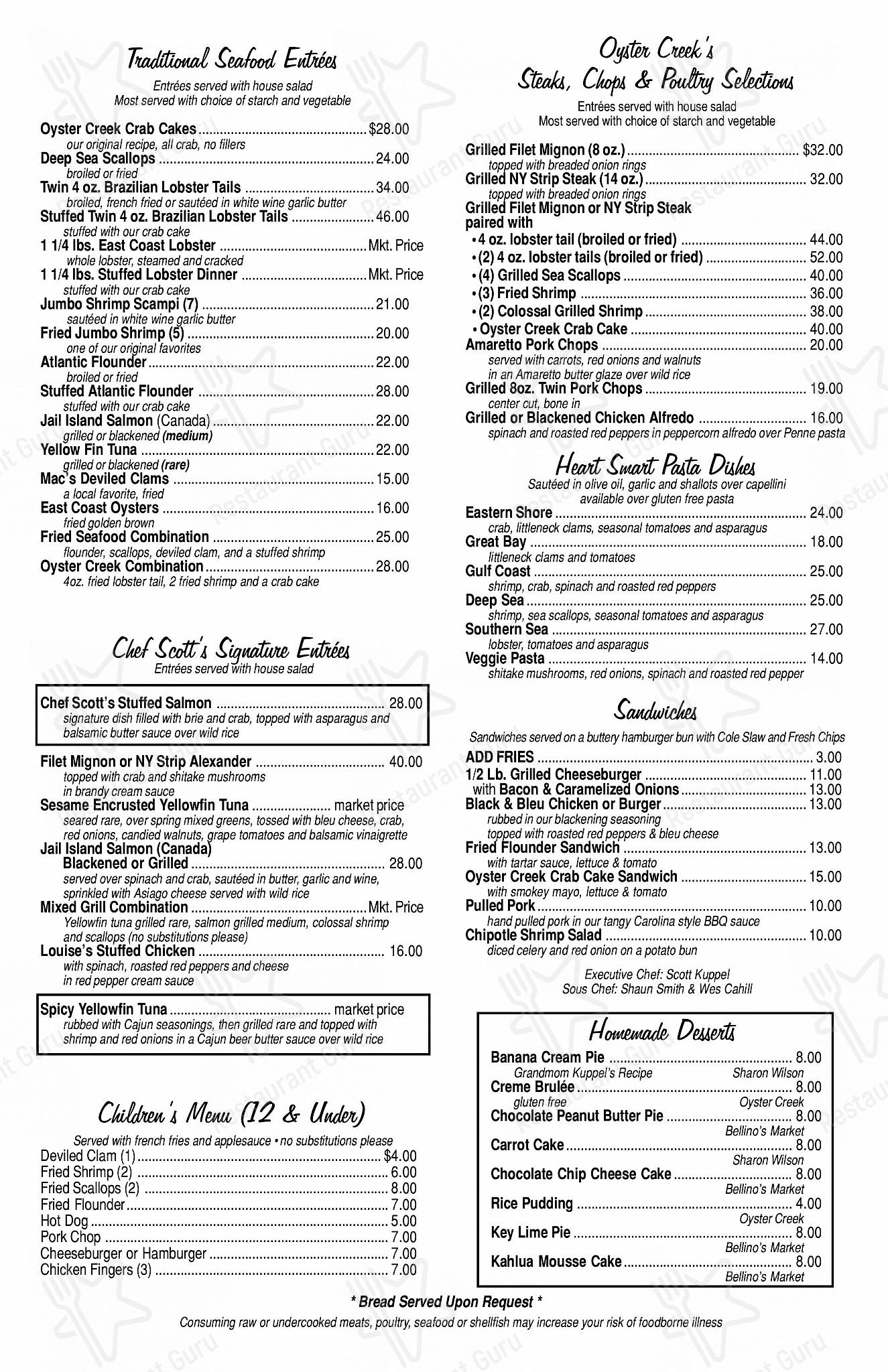 Menu at Oyster Creek Restaurant And Boat Bar, Galloway