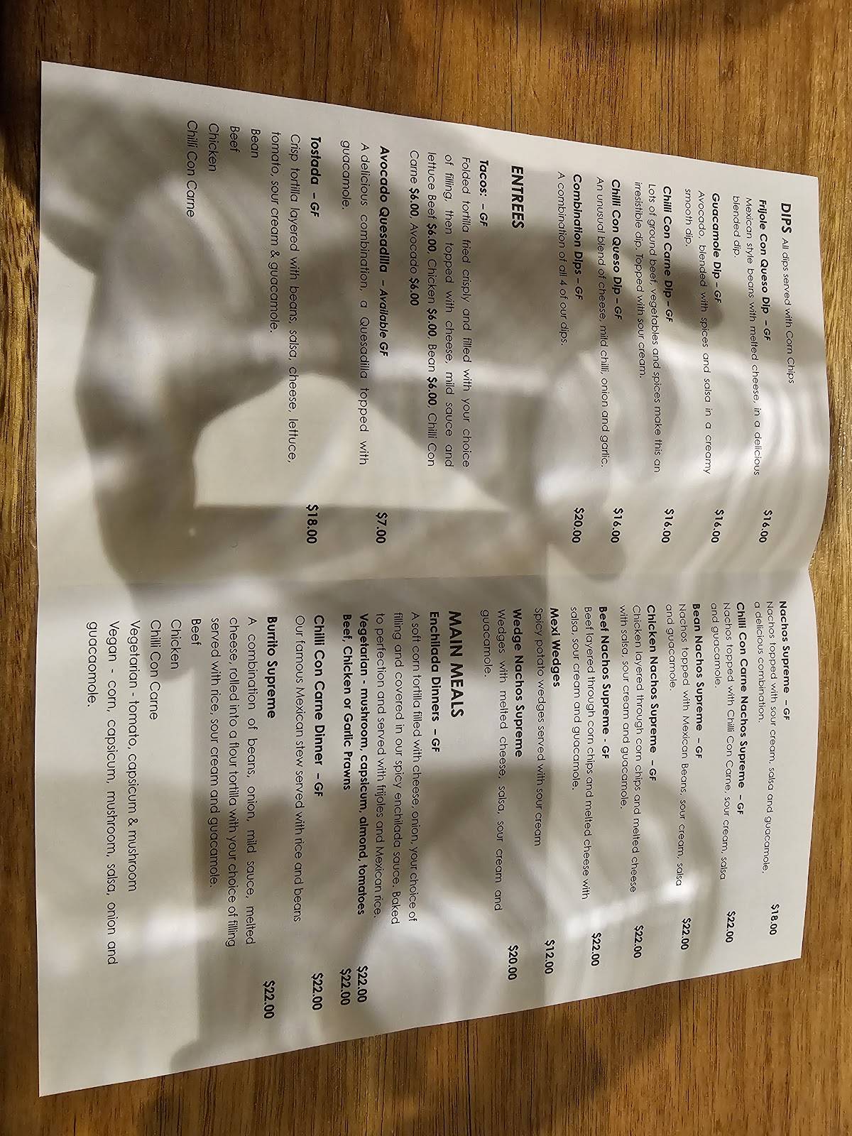 Menu at Oz Mex restaurant, Bairnsdale