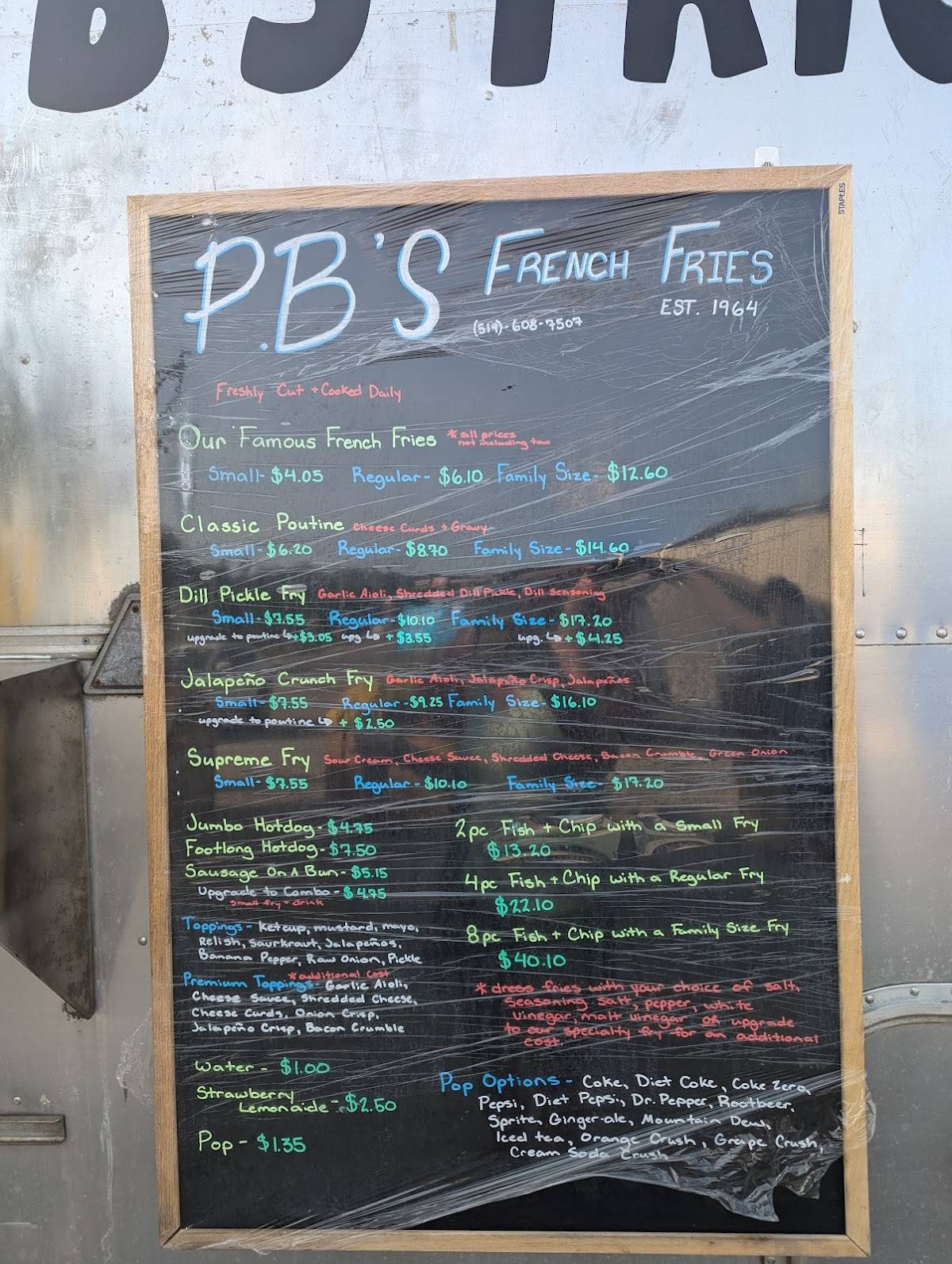 Menu at P.B's French Fries restaurant, Ingersoll