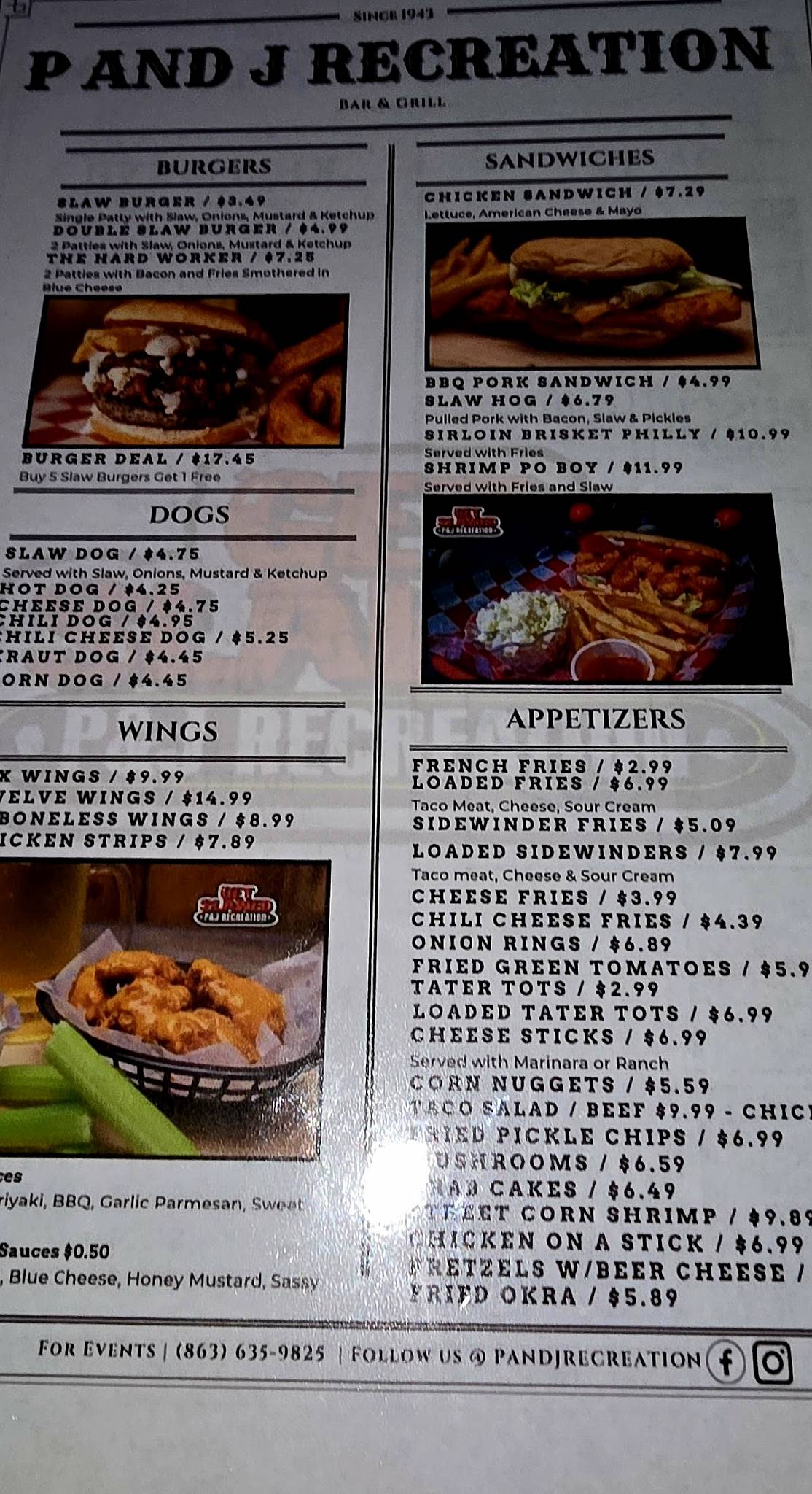 Menu at P&J Recreation pub & bar, Frostproof