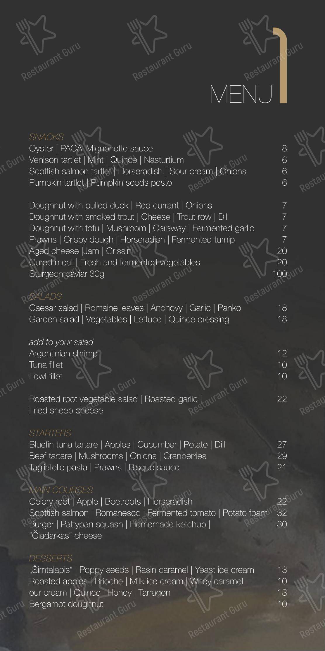 Carta de PACAI Restaurant & Bar, Vilna