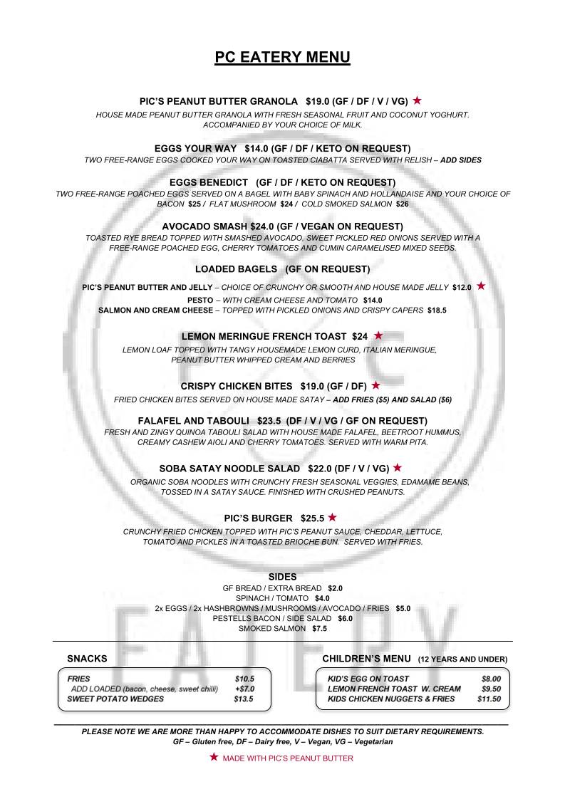 Menu at PC Eatery cafe, Nelson