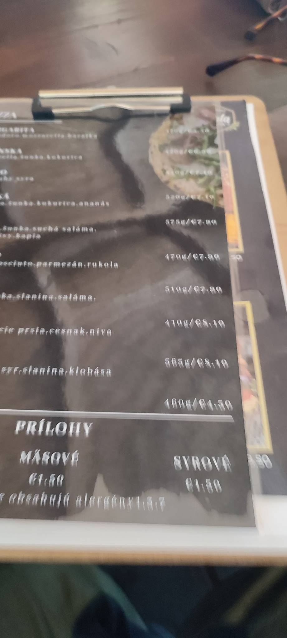 Menu at PERLA restaurant, Slovakia