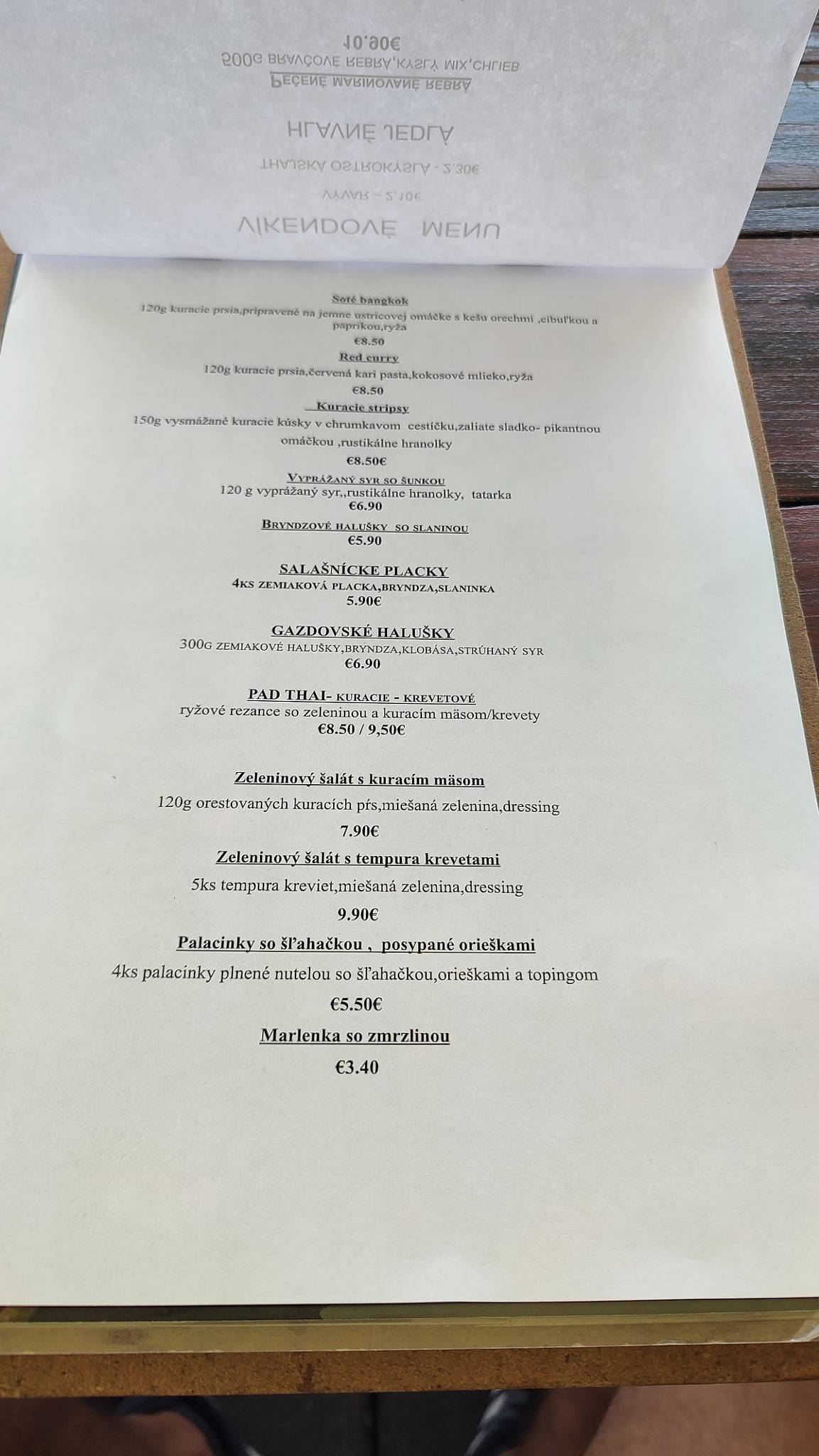 Menu at PERLA restaurant, Slovakia