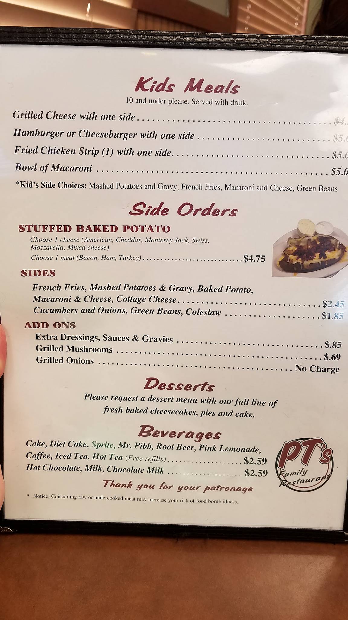 Menu at PT's restaurant, Oak Grove