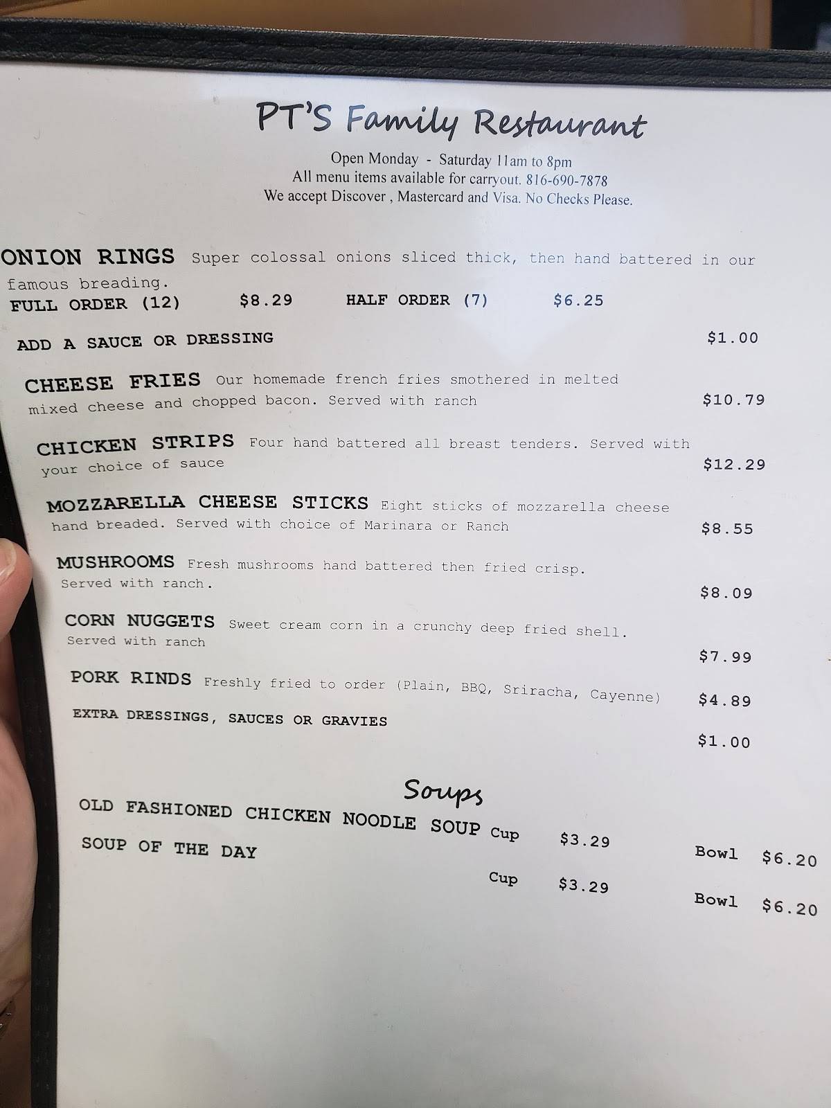 Menu at PT's restaurant, Oak Grove