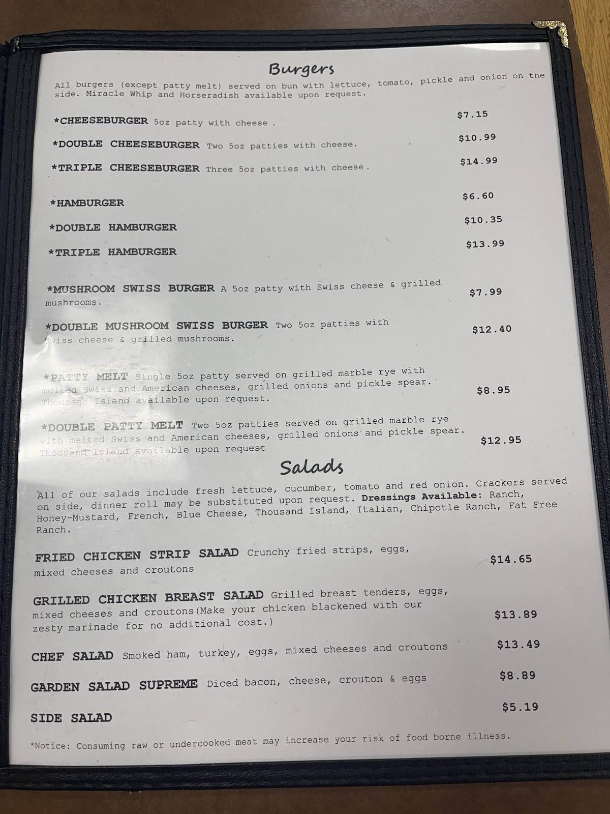 Menu at PT's restaurant, Oak Grove