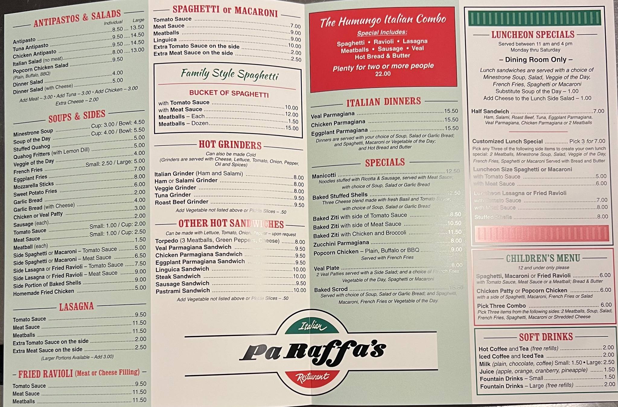 Menu at Pa Raffa's Italian Restaurant, New Bedford
