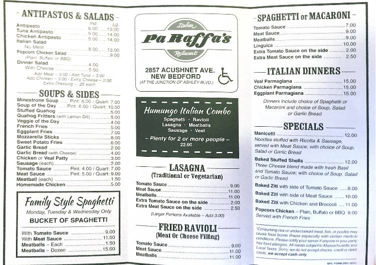 Menu at Pa Raffa's Italian Restaurant, New Bedford