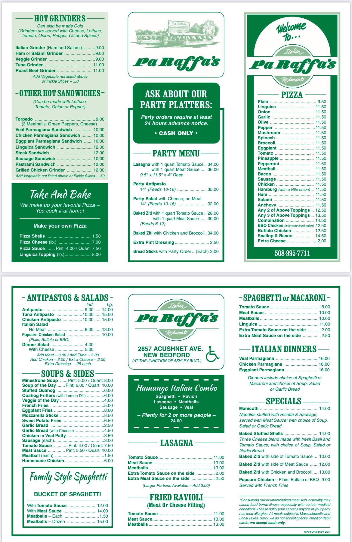 Menu at Pa Raffa's Italian Restaurant, New Bedford
