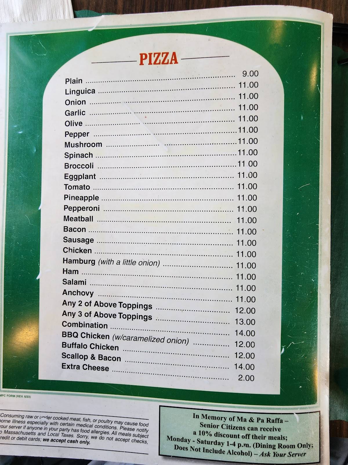 Menu at Pa Raffa's Italian Restaurant, New Bedford