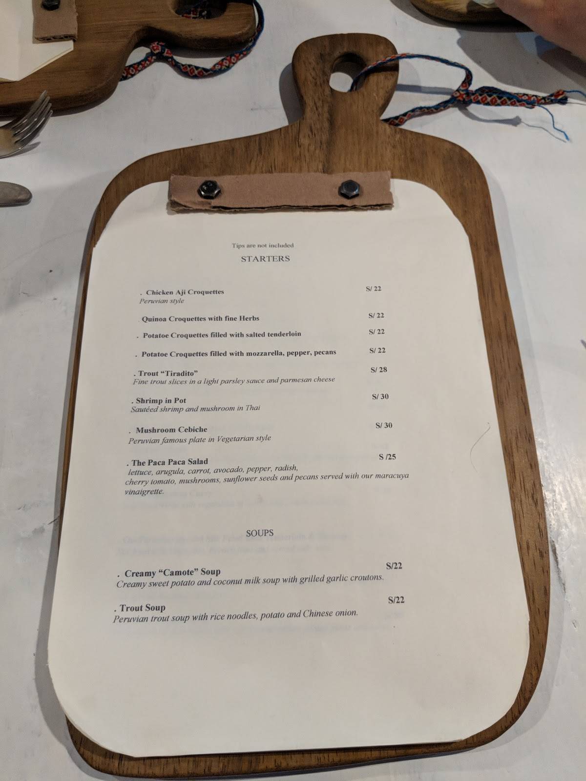 Menu at Paca Paca restaurant, Urubamba