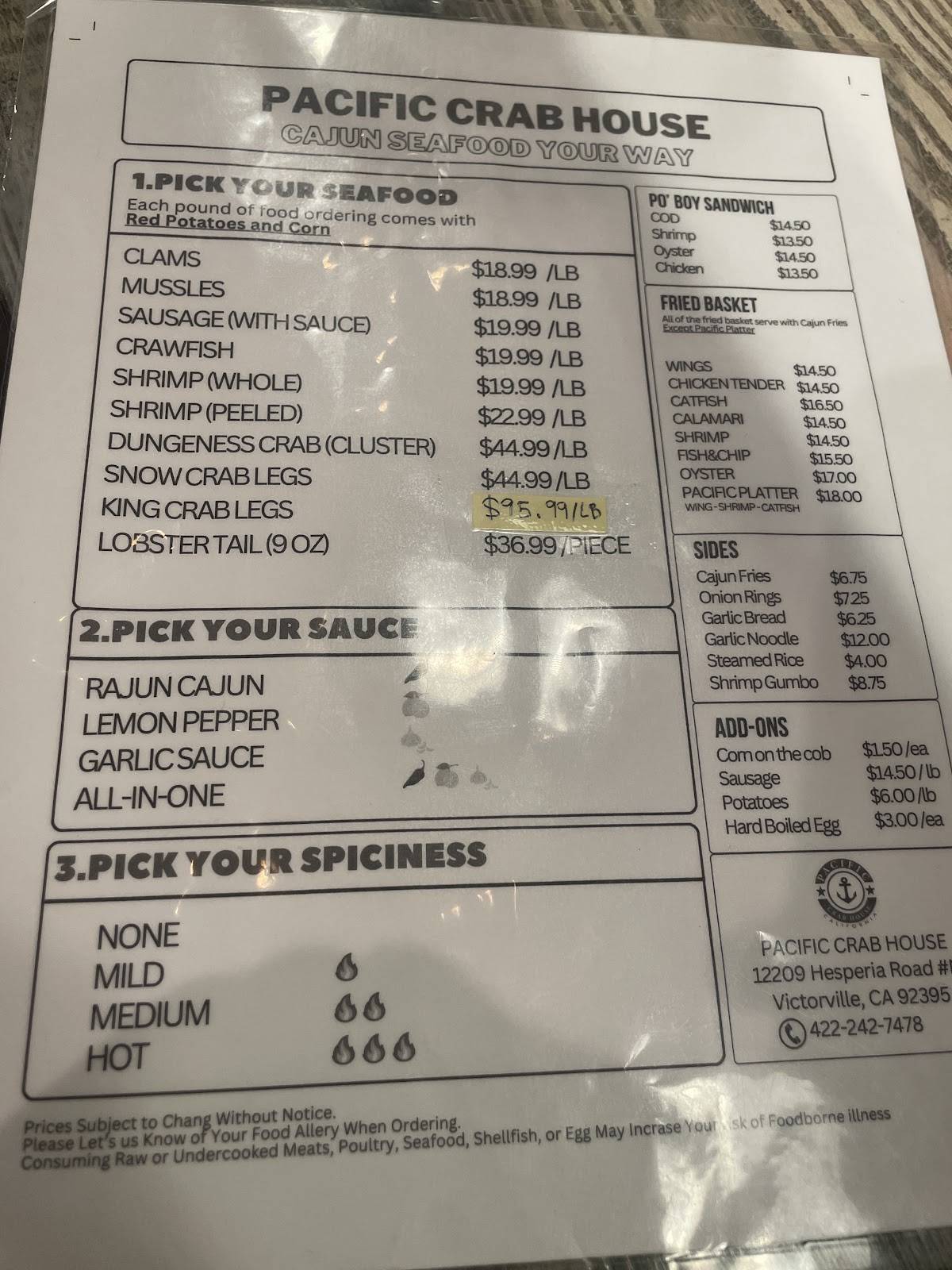 Menu at Pacific Crab House restaurant, Victorville