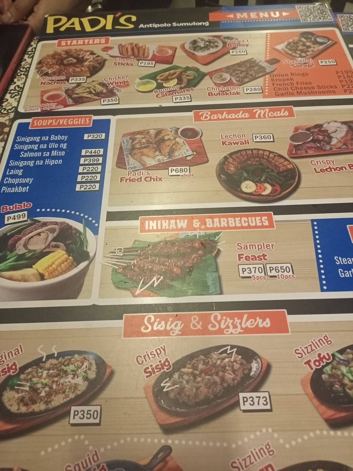 Menu at Padi's Point Sumulong Branch pub & bar, Antipolo, Sumulong Hwy