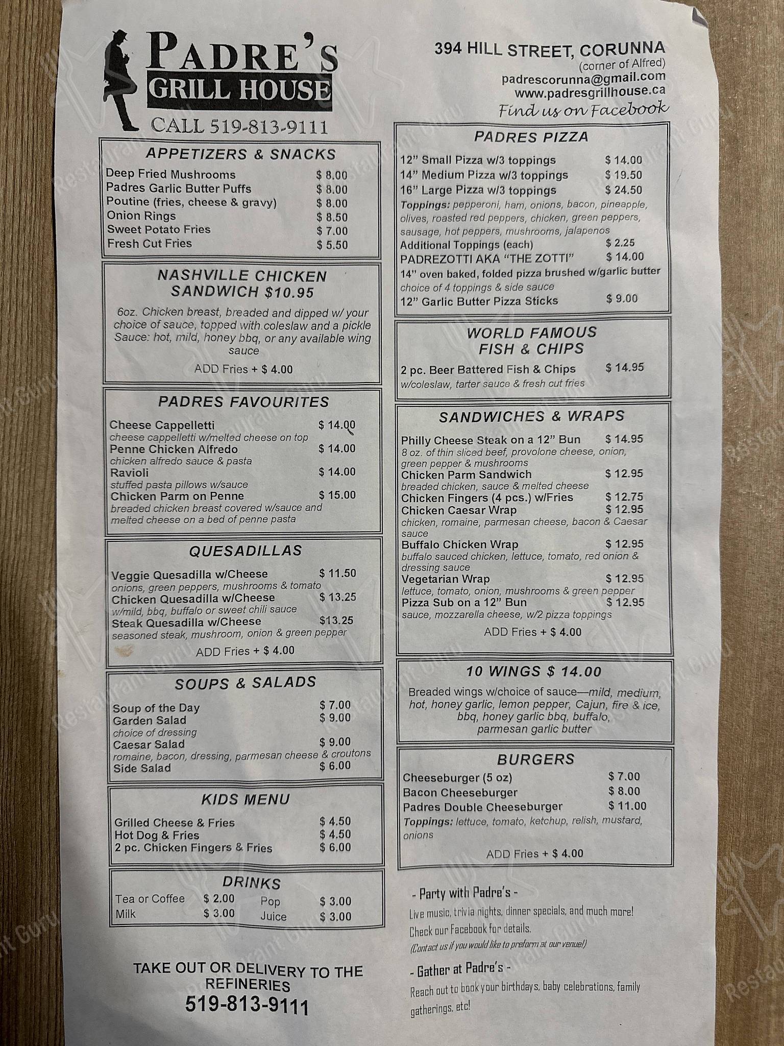 Menu at Padre's Grill House restaurant, Corunna