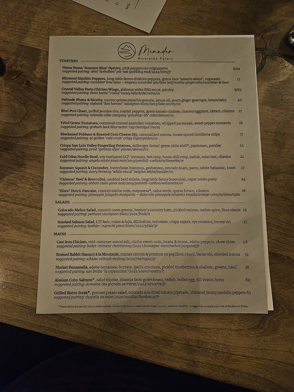 Menu at Meander Riverside Eatery pub & bar, Pagosa Springs