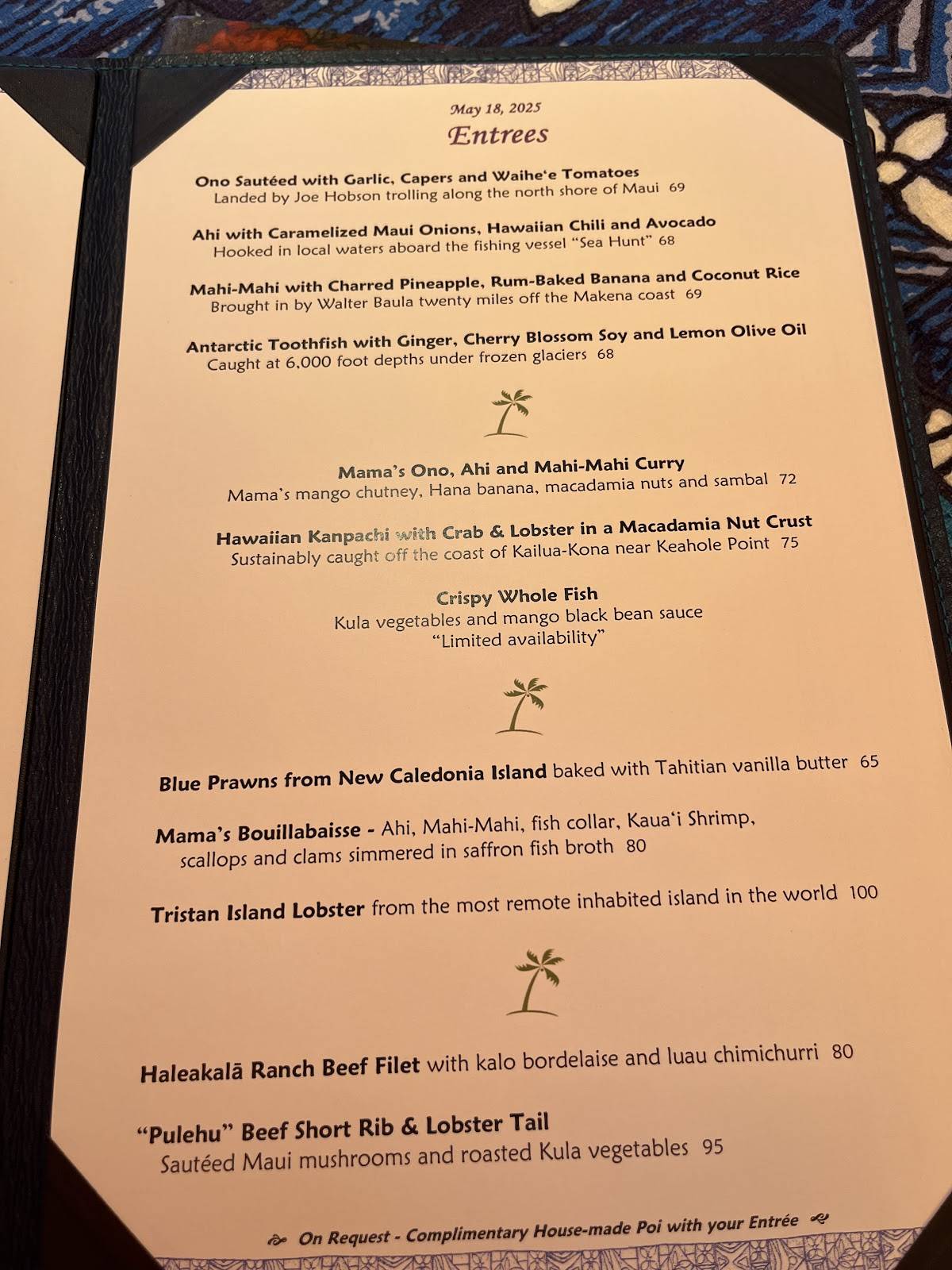 Menu at Mama's Fish House restaurant, Paia