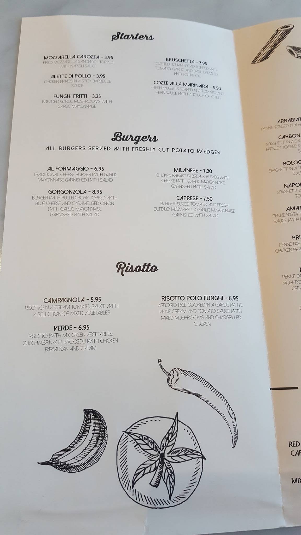 Menu at Trattoria Genova restaurant, Paisley
