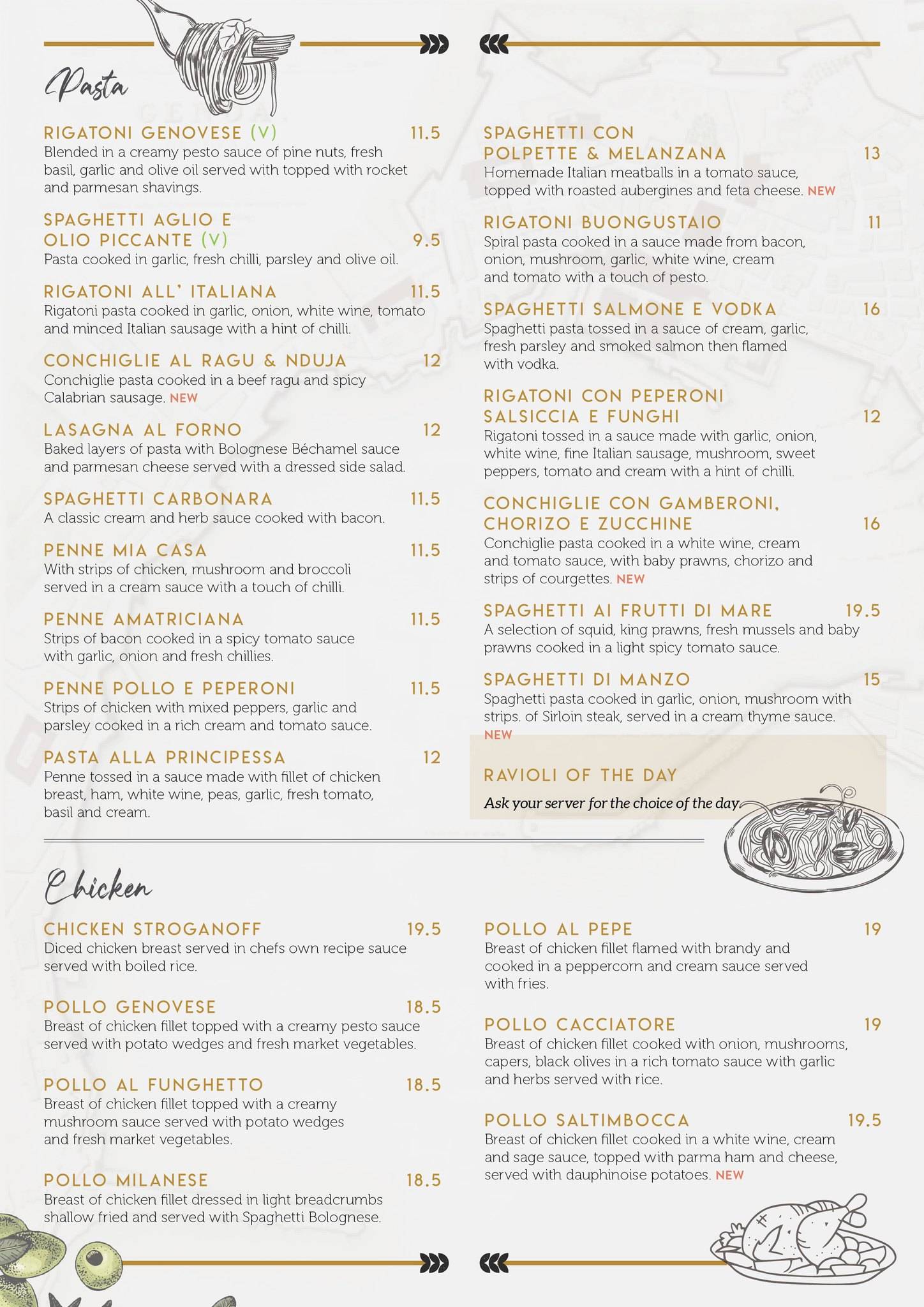 Menu at Trattoria Genova restaurant, Paisley