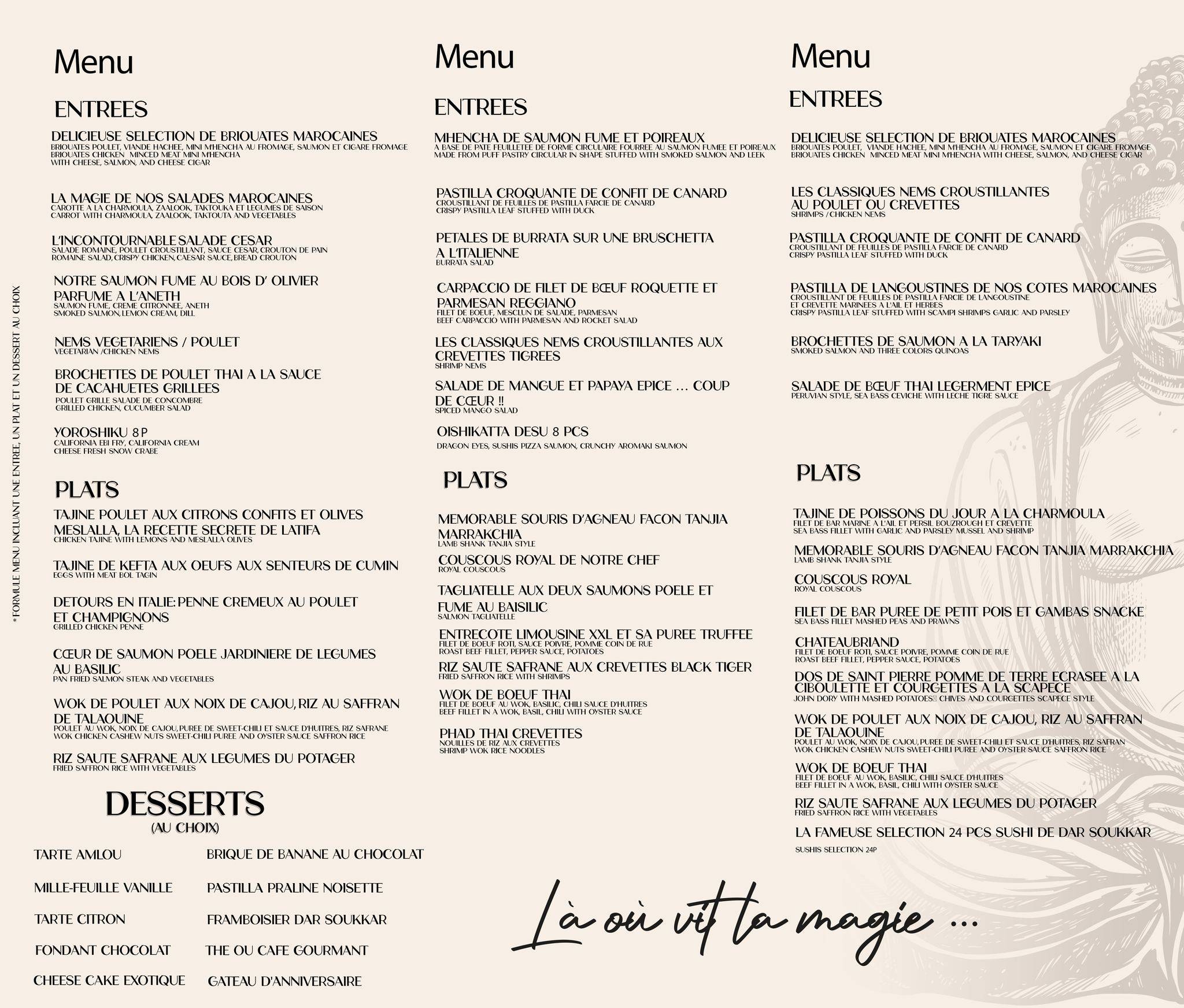 Menu au Palais Dar Soukkar restaurant, Marrakech, Km 3
