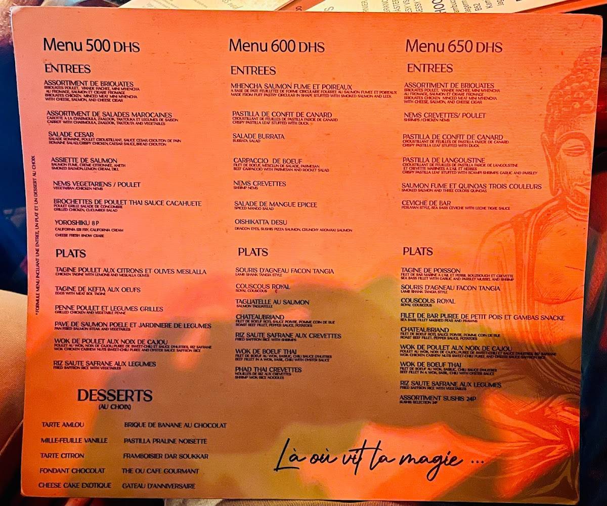 Menu au Palais Dar Soukkar restaurant, Marrakech, Km 3