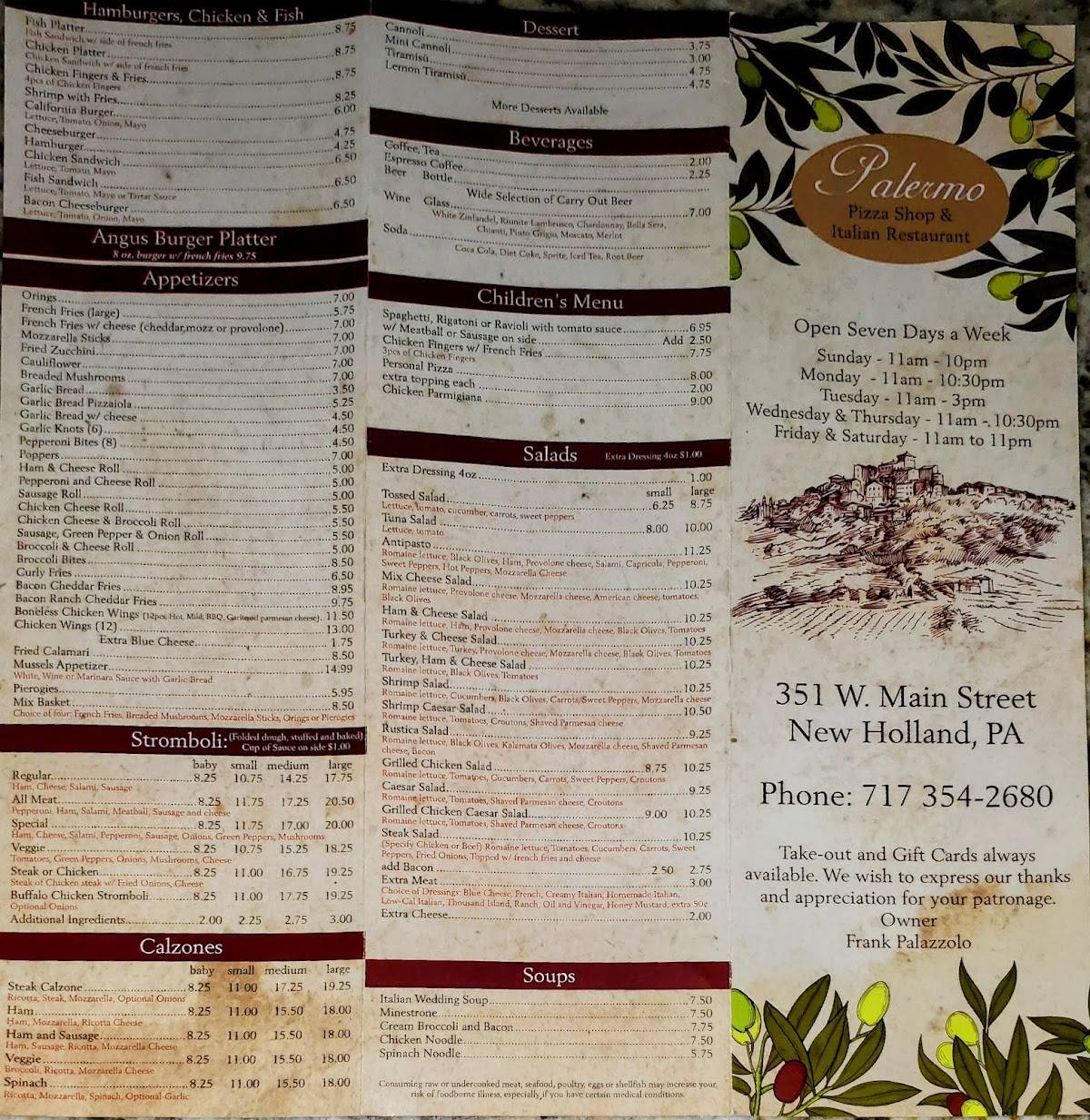 Menu at Palermo Pizza & Italian Restaurant, New Holland