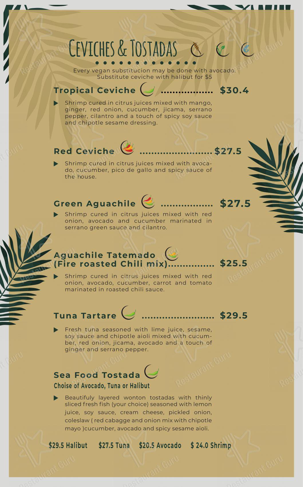 Menu at Palmeira tropical fusion restaurant, Anchorage