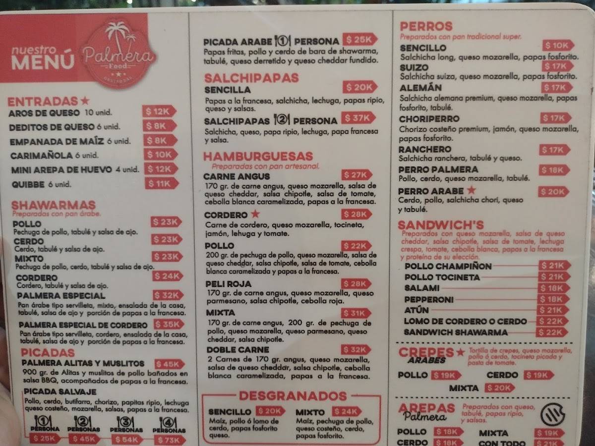 Carta de Palmera Food y Gastro Bar - Comidas Artesanales, Cartagena