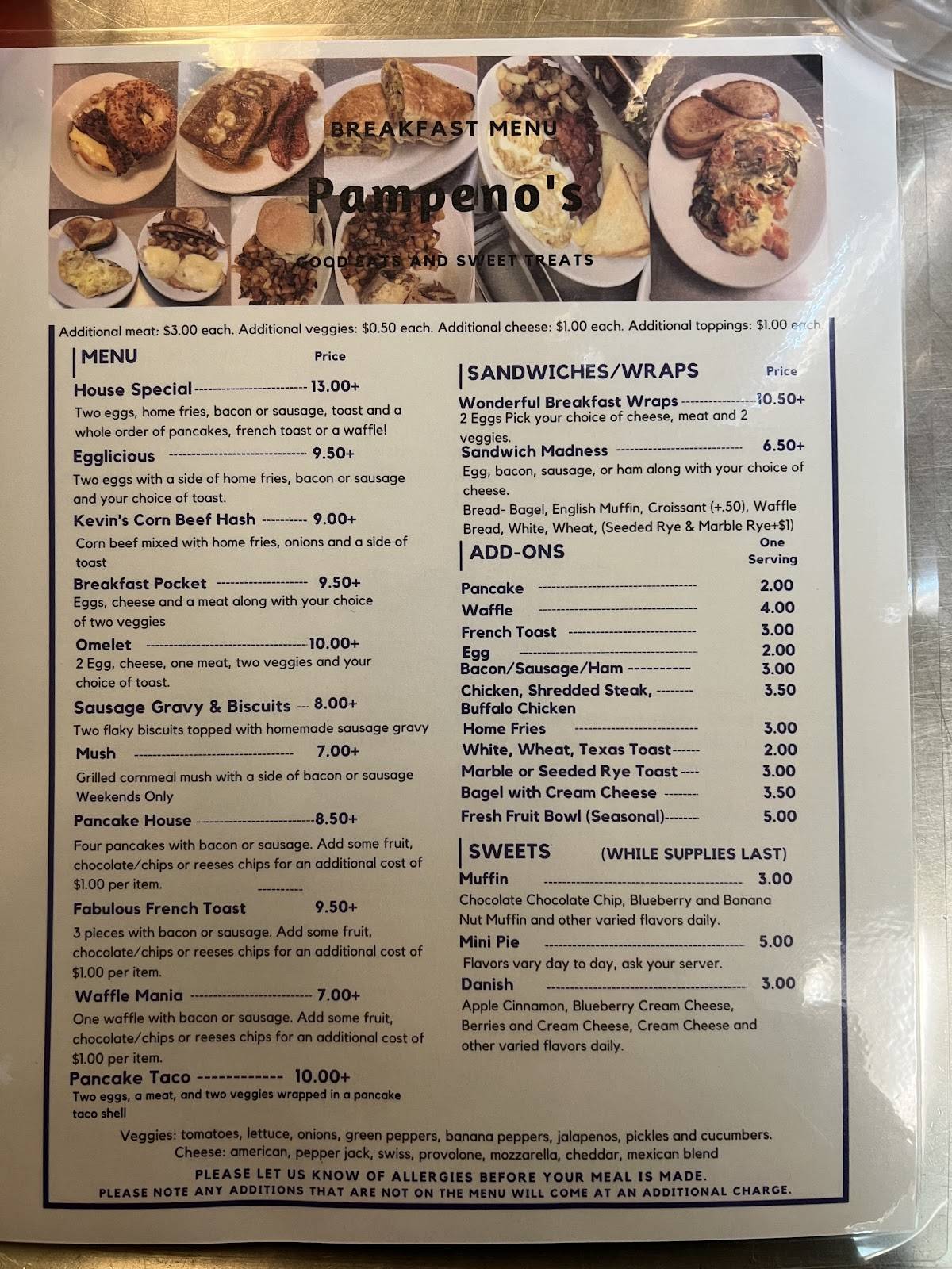 Menu at Pampeno’s Good Eats and Sweet Treats restaurant, Ford City