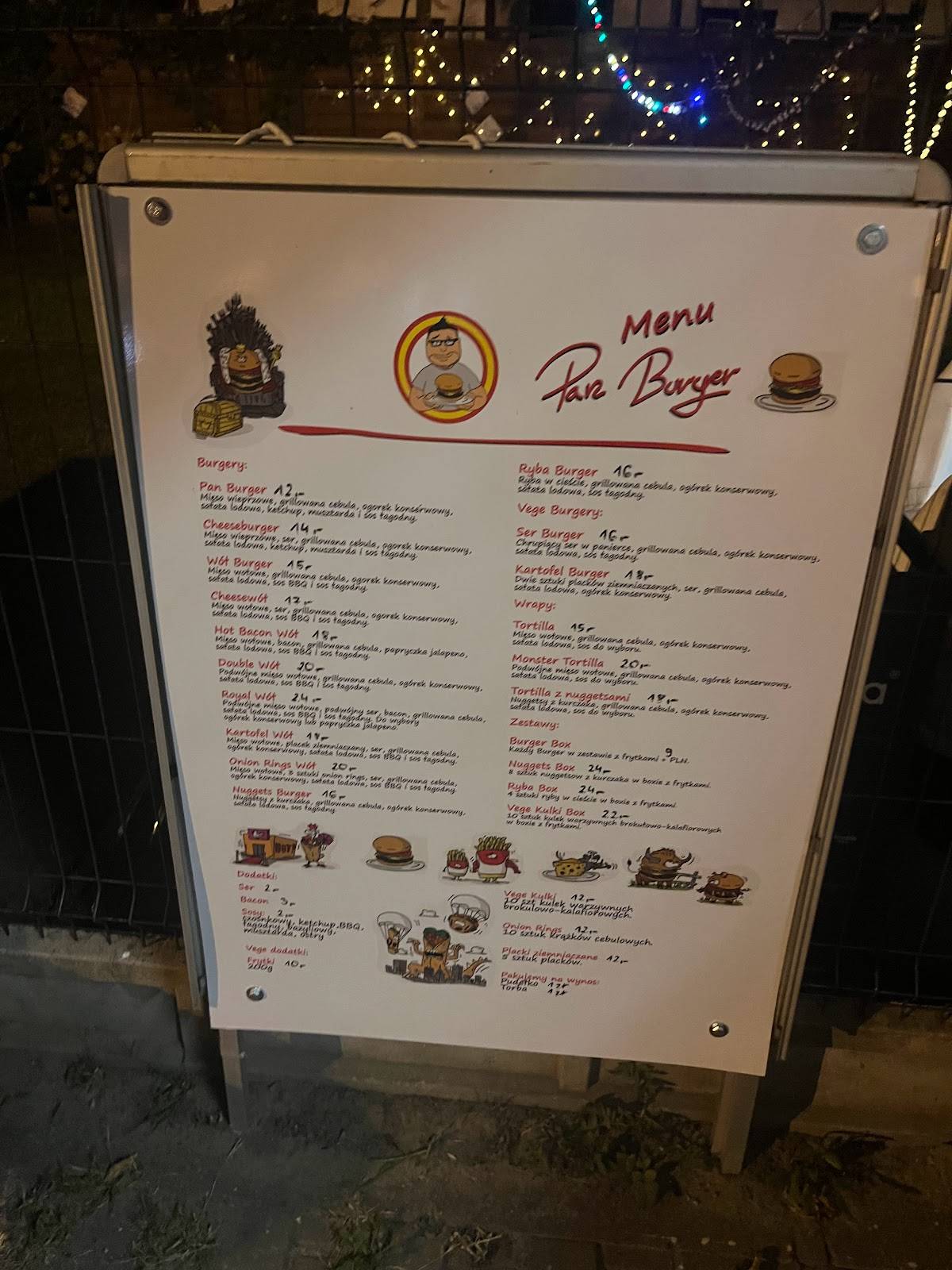 Menu at Pan Burger restaurant, Torun, Poznańska 14
