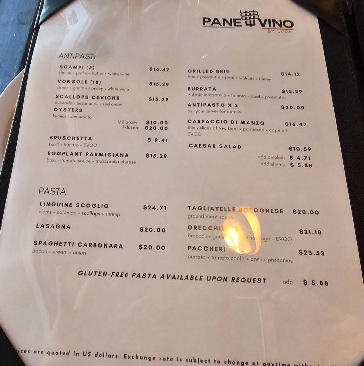 Menu at Pane e Vino Ristorante restaurant, Puerto Peñasco, Ave. Camino ...