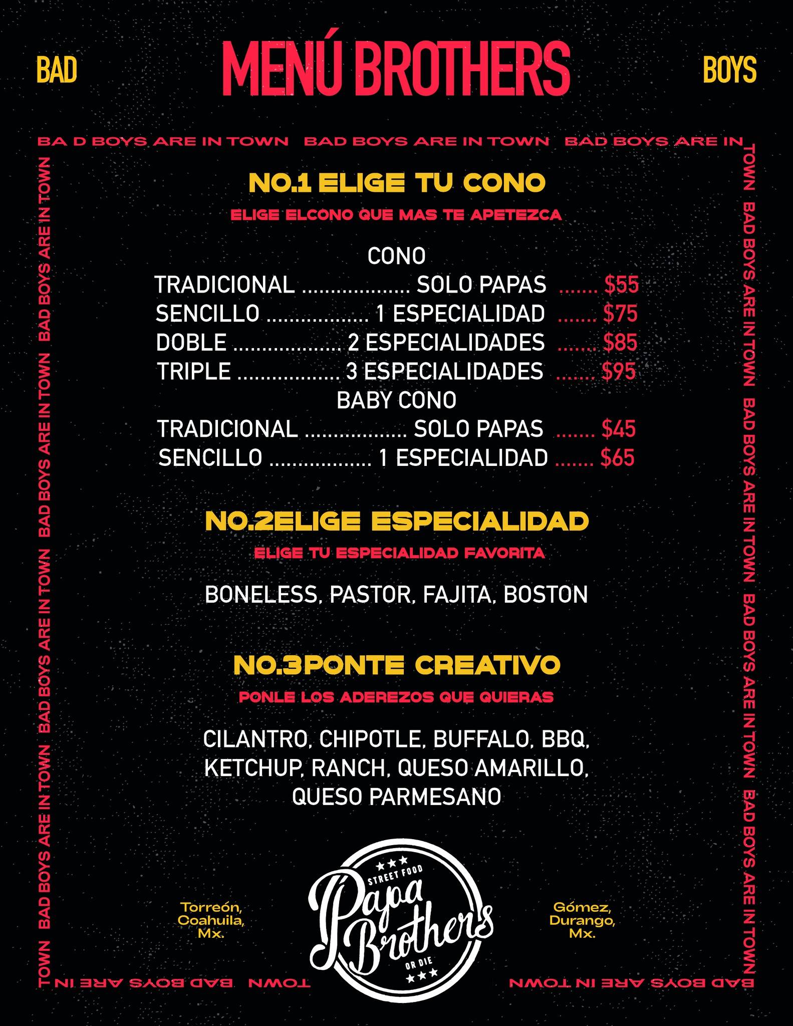 Carta del restaurante Papa Brothers Degollado, Torreón
