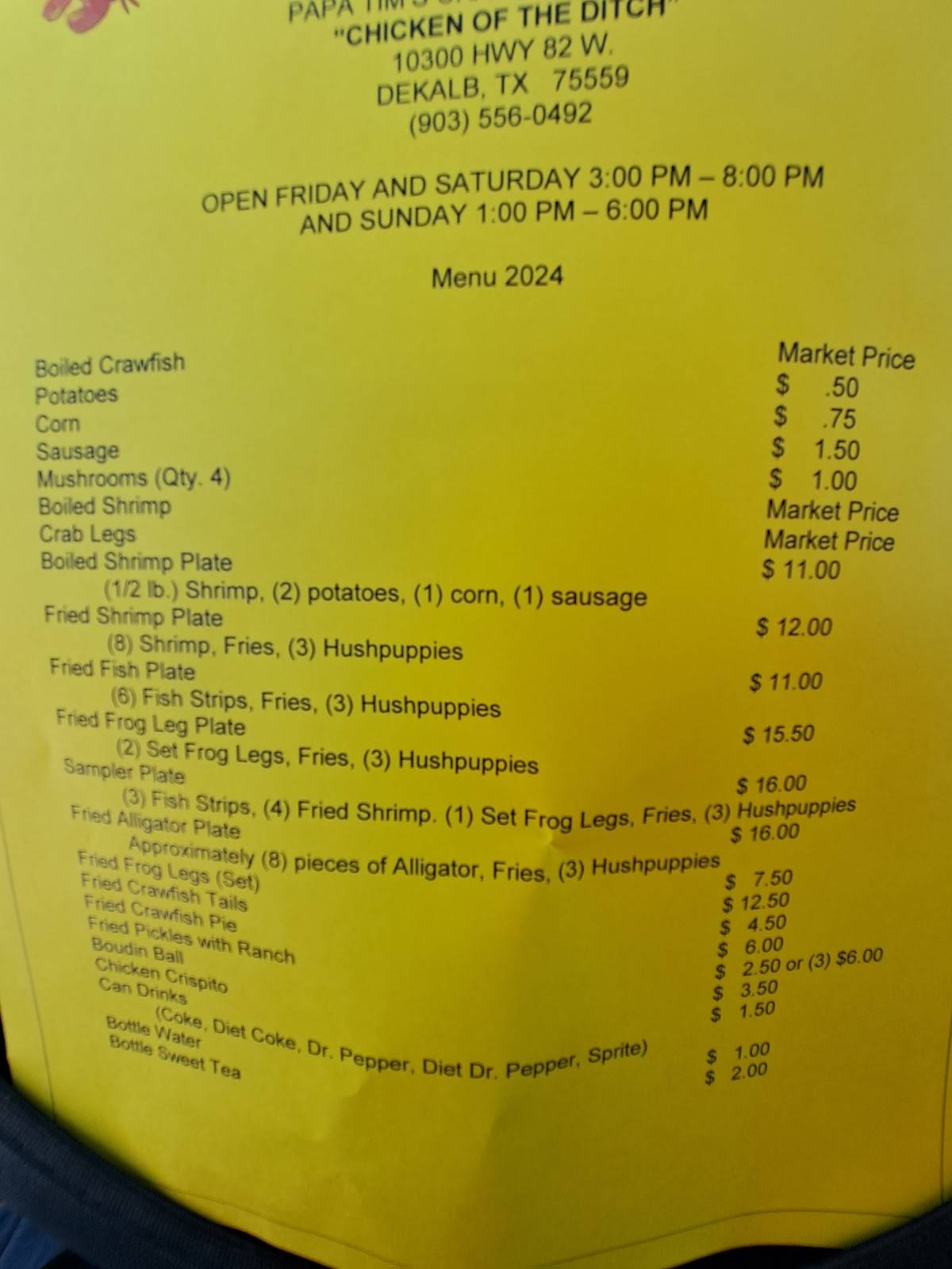 Menu at Papa Tim's crawdads hole restaurant, De Kalb
