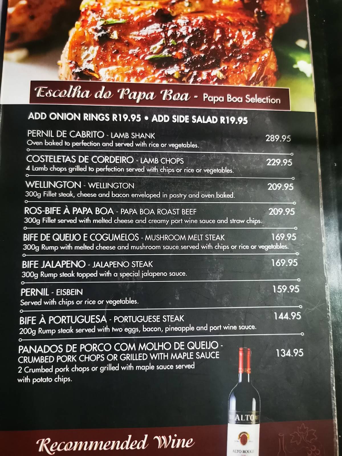 Menu at PapaBoa Benoni restaurant, Benoni