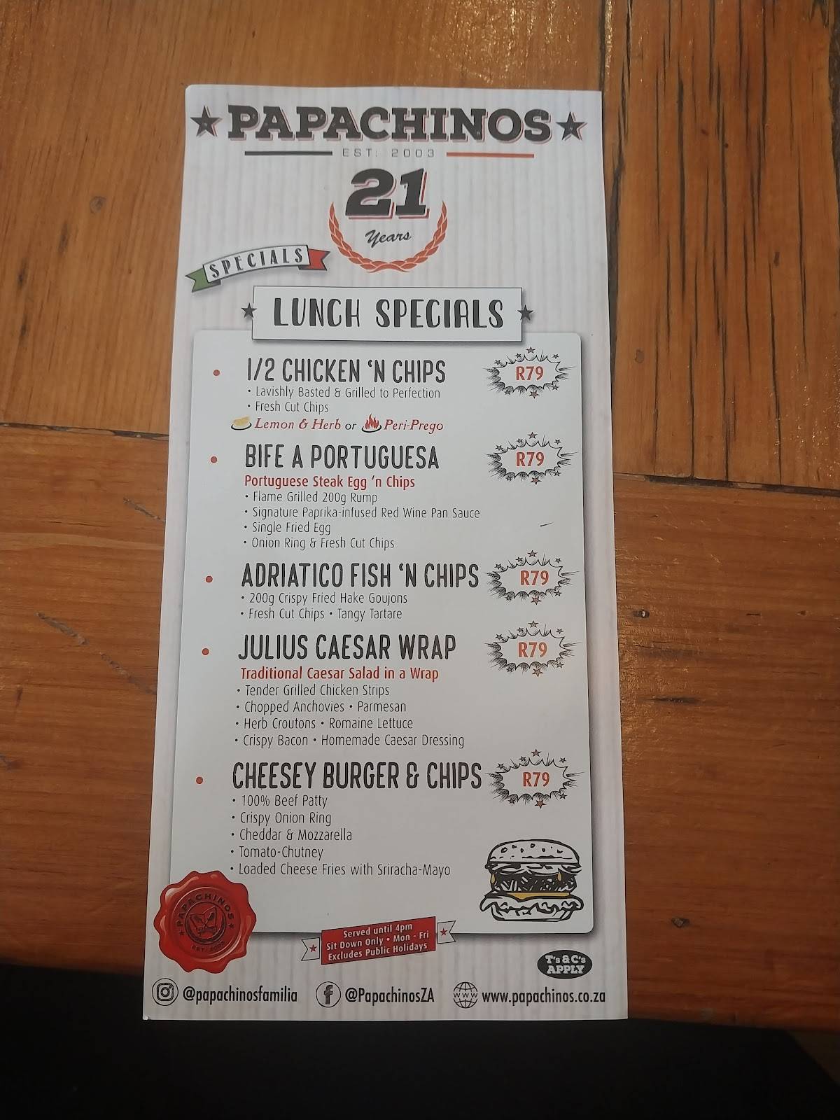 Menu at Papachinos Clearwater restaurant, Roodepoort, Villa Varosi Cnr ...