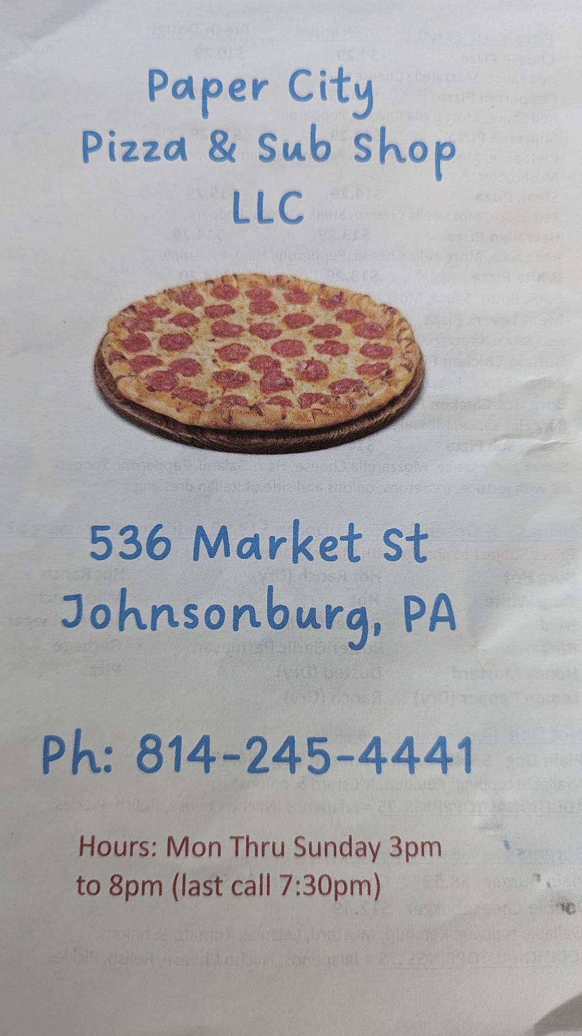 Menu at Paper City Cafe, Johnsonburg