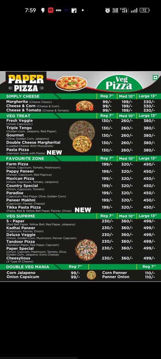 Menu at Paper Pizza, Palsana