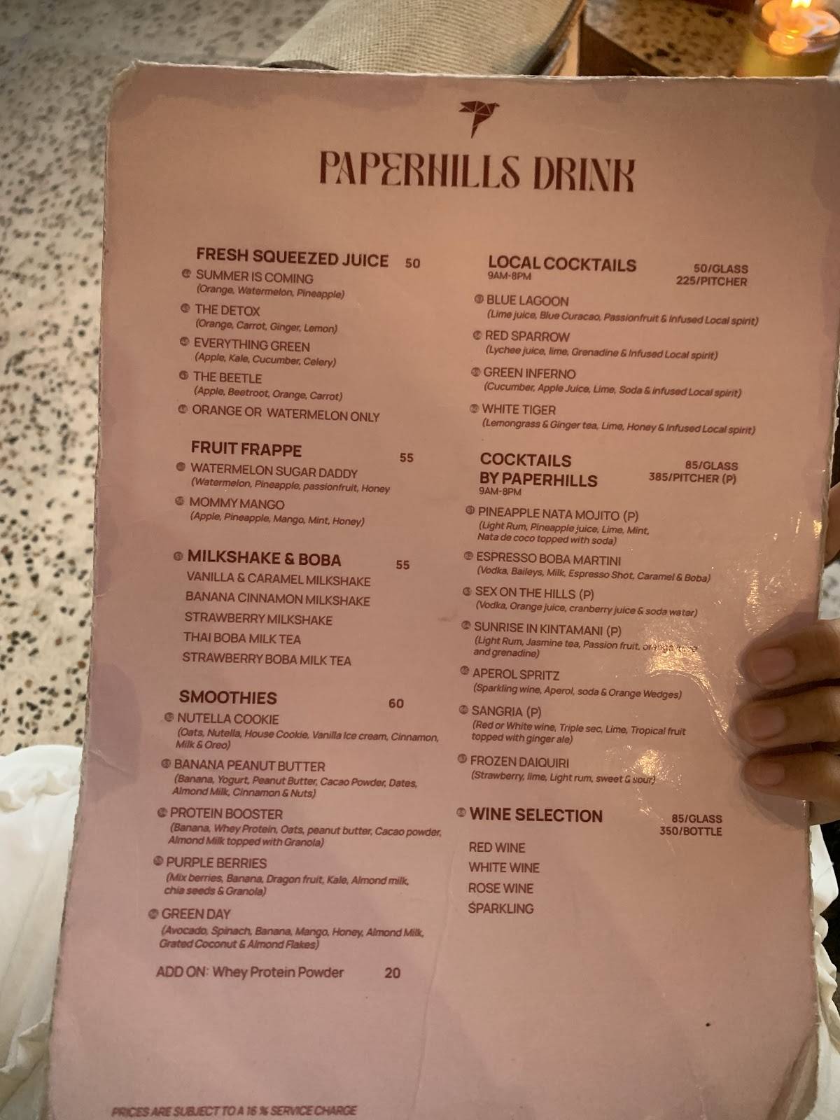 Menu at Paperhills cafe, Central Batur