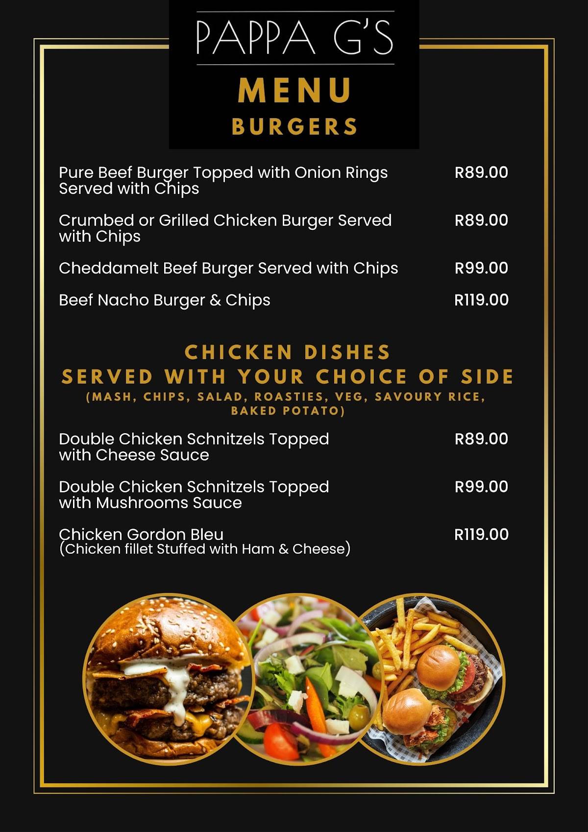 Menu at Pappa G's restaurant, Port Elizabeth, 569