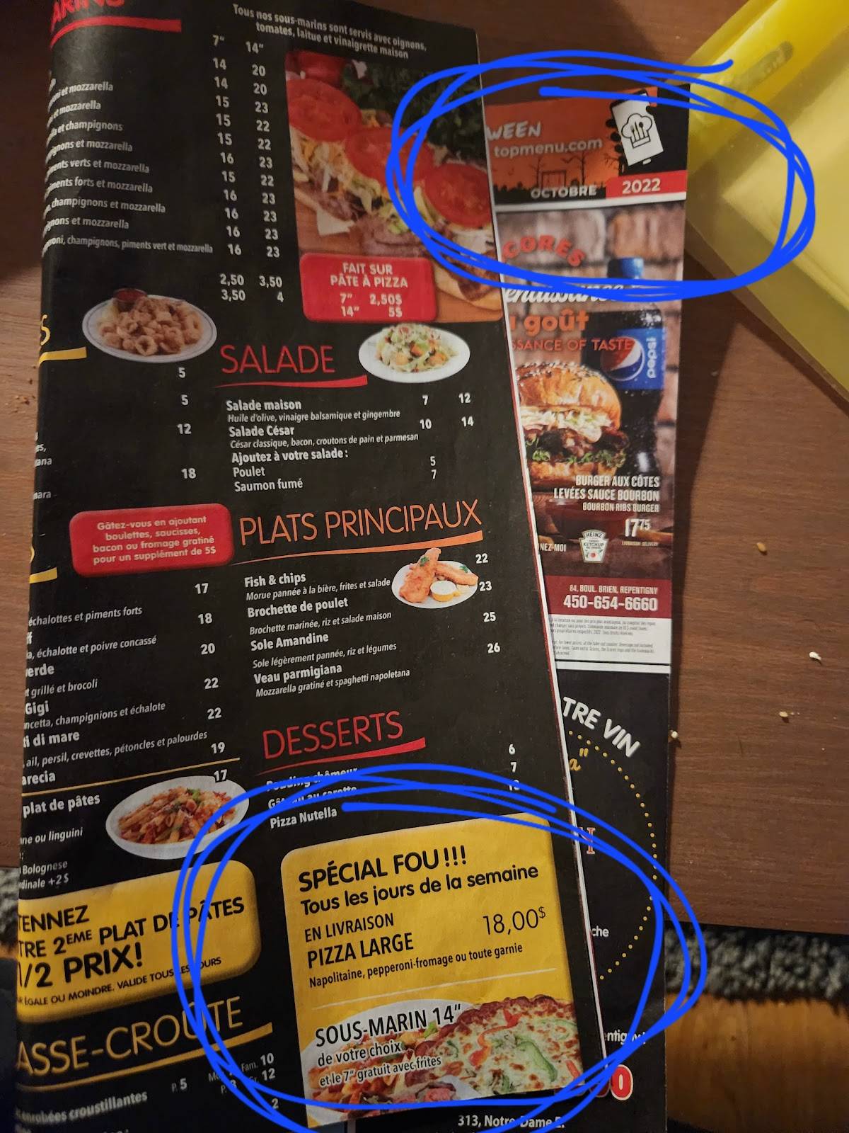 Menu au La Famiglia Paragon pizzeria, Repentigny