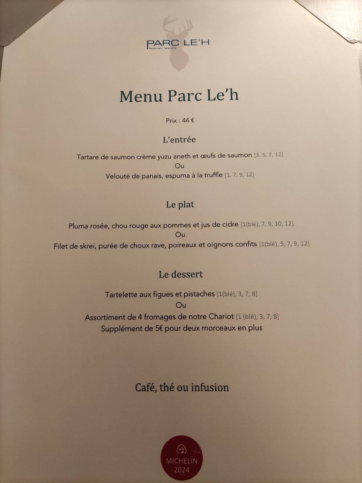 Menu au Parc Le'h restaurant, Dudelange