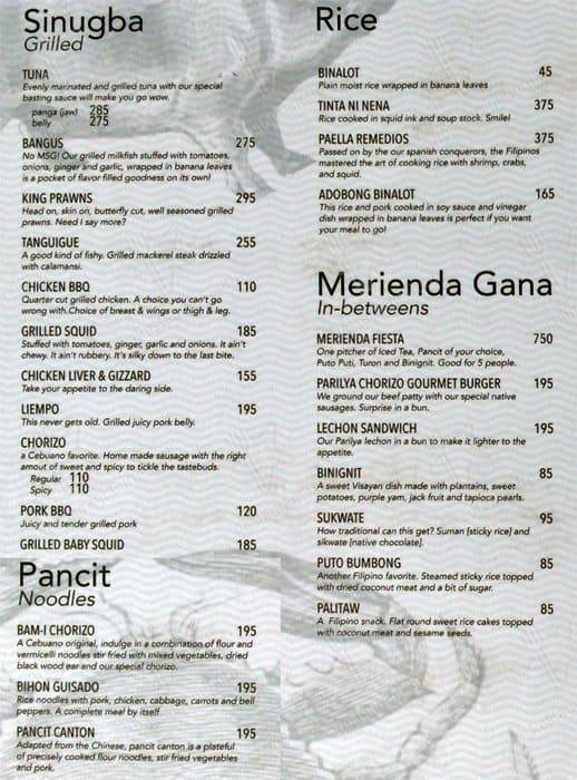 Menu at Parilya restaurant, Cebu City, City di Mare Visitor Center