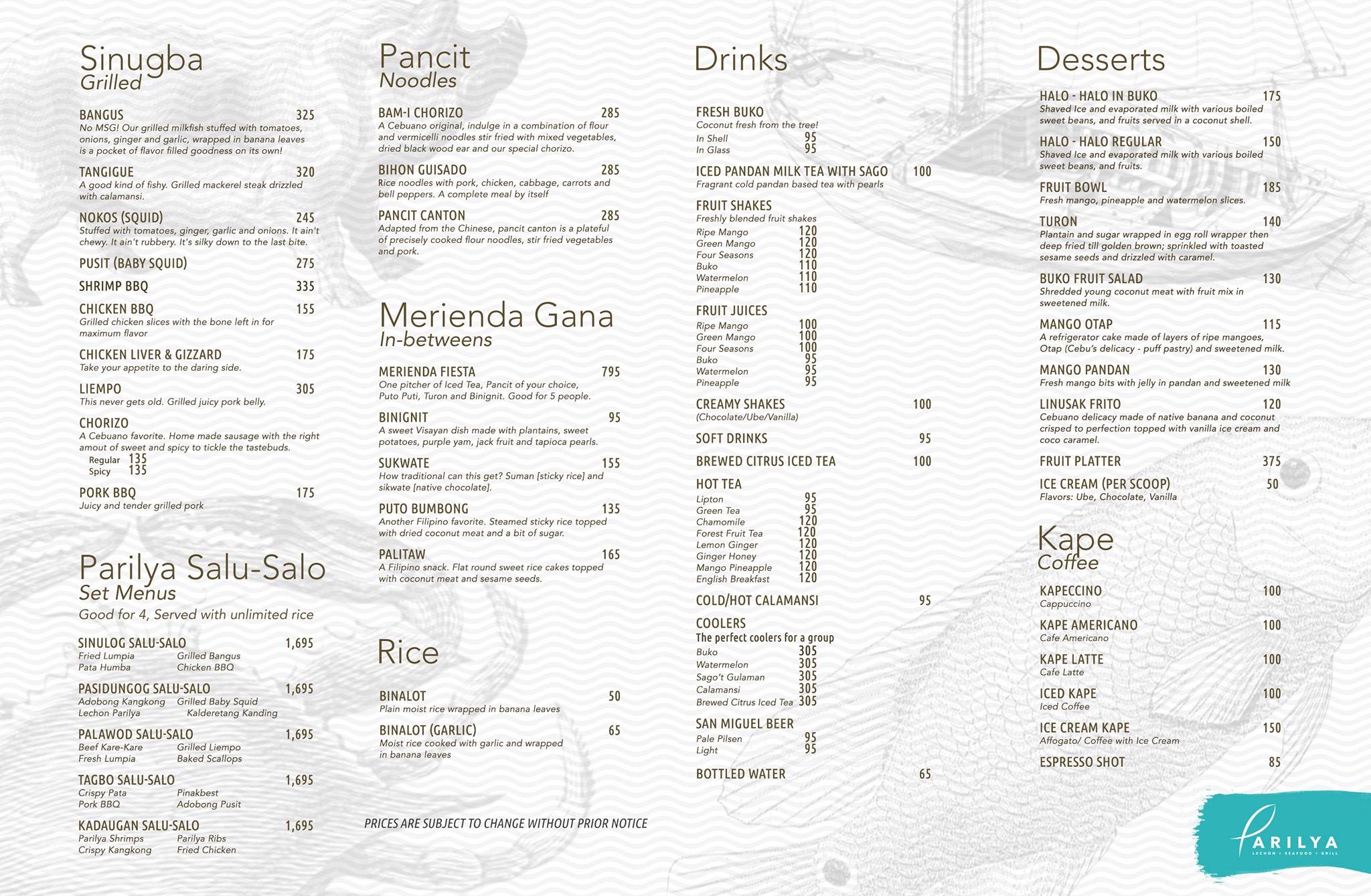 Menu at Parilya restaurant, Cebu City, City di Mare Visitor Center